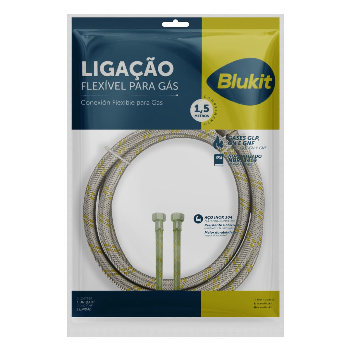 Engate Flexível para Gás Blukit 1/2" 1,5m - Milium